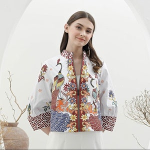 Stylish White List Batik Bolero, Modern Women Bomber Jacket With Long ...