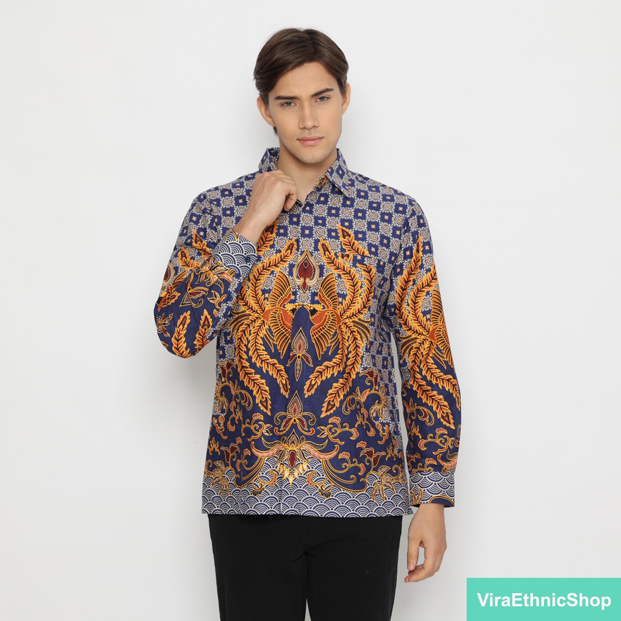 Look Cool With an Elegant Navy Batik Shirt With Long Sleeves, Stylish ...