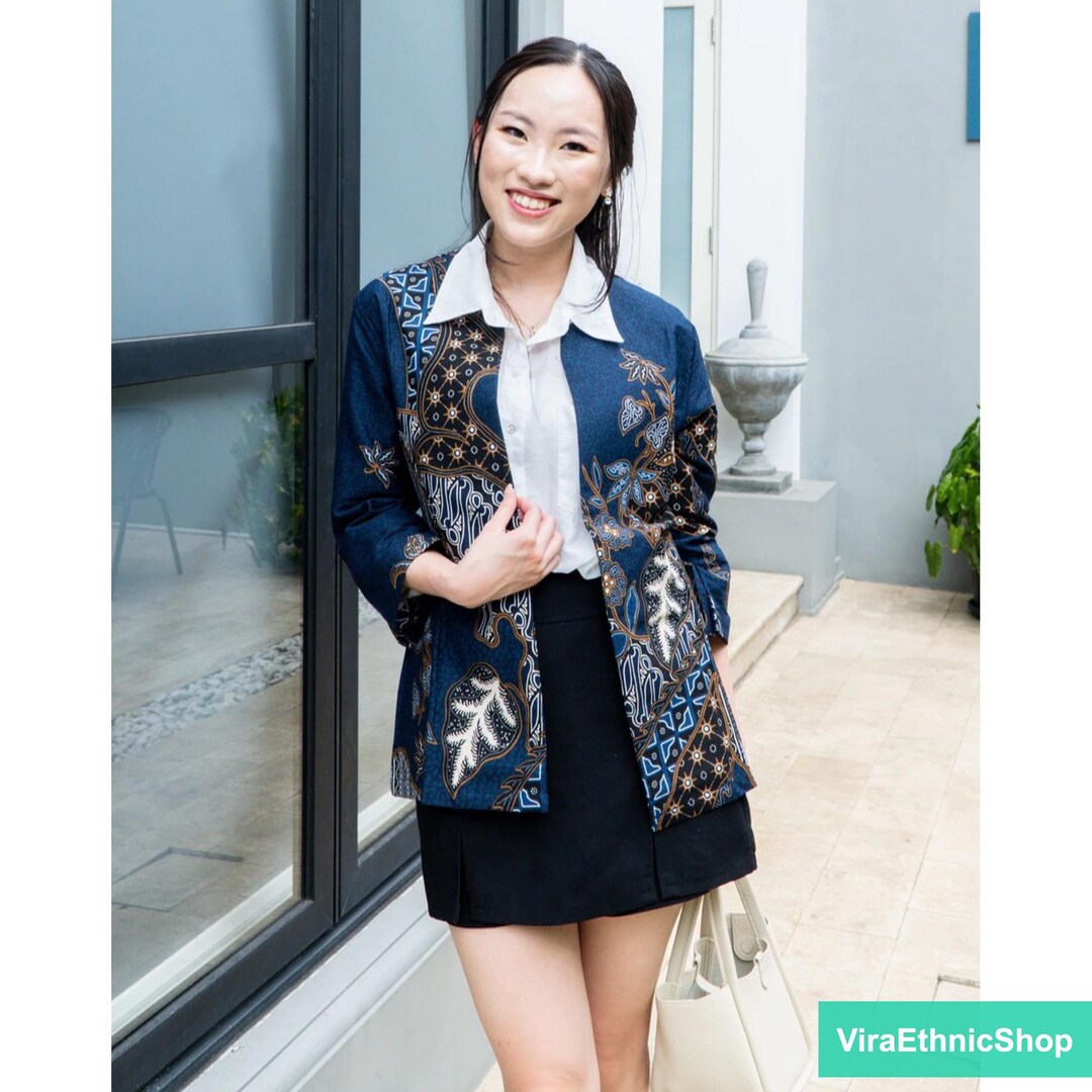 Modern Women's Batik Outer 3/4 Sleeve Akai Navy Brown, Batik Blouse ...