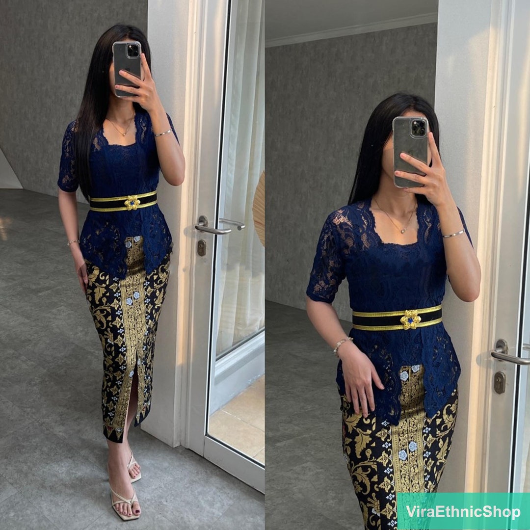 Balinese Kebaya 3/4 Navy Brukat Set: Traditional Elegance With a Modern ...