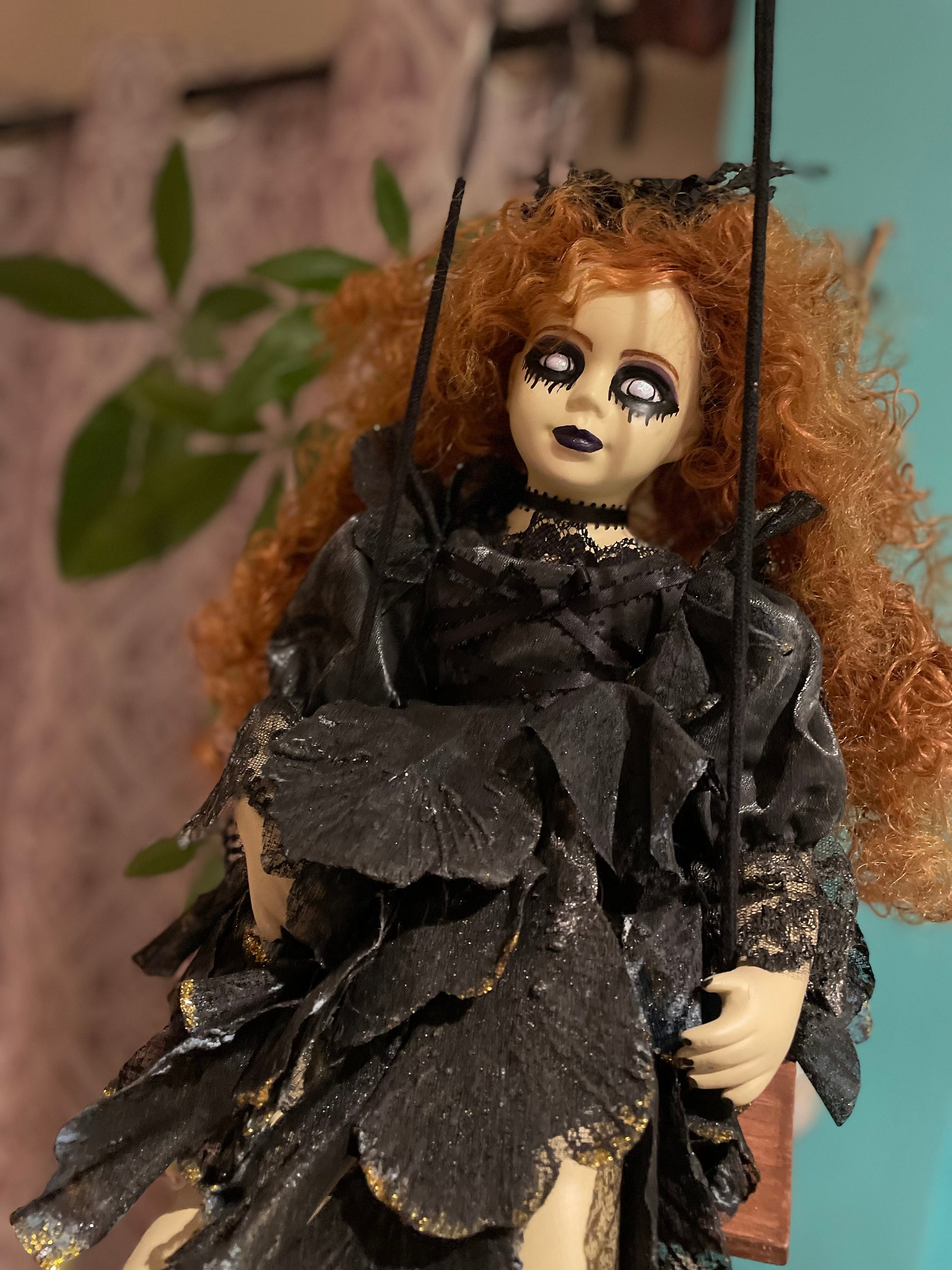 Creepy Gothic Horror Doll Sitting on Wood Macrame Swing With Curly Red ...