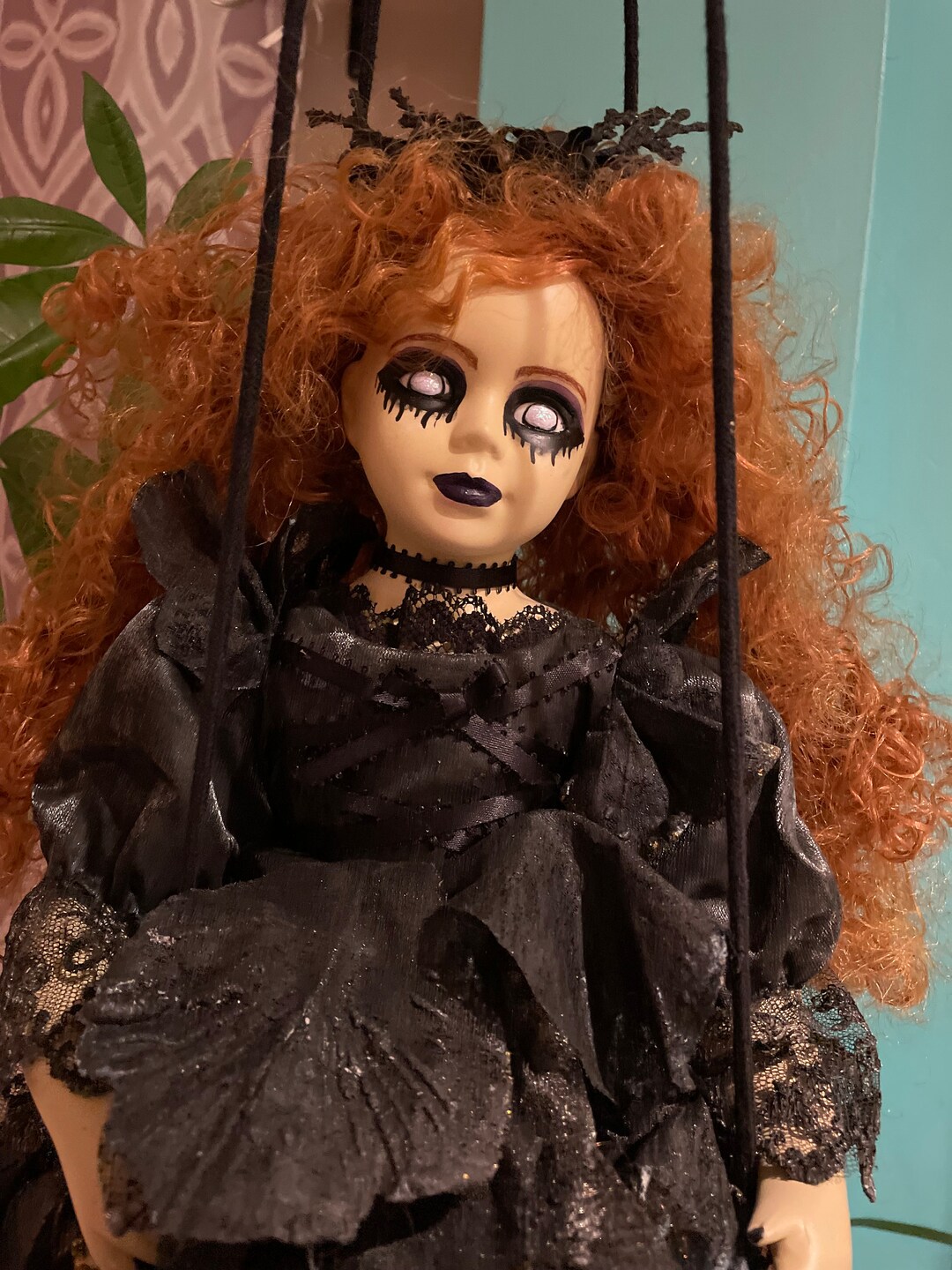 Creepy Gothic Horror Doll Sitting on Wood Macrame Swing With Curly Red ...