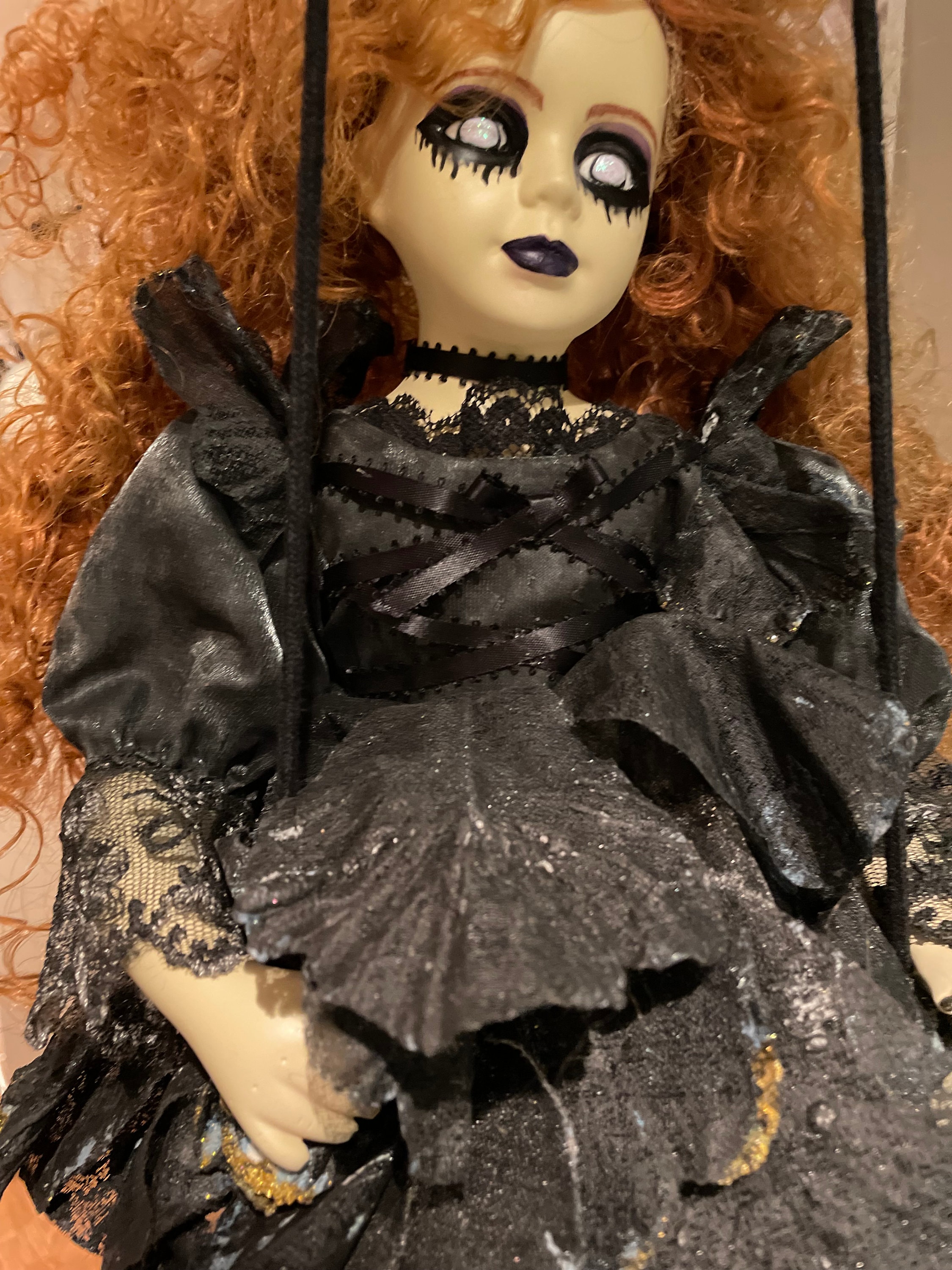 Creepy Gothic Horror Doll Sitting on Wood Macrame Swing With Curly Red ...