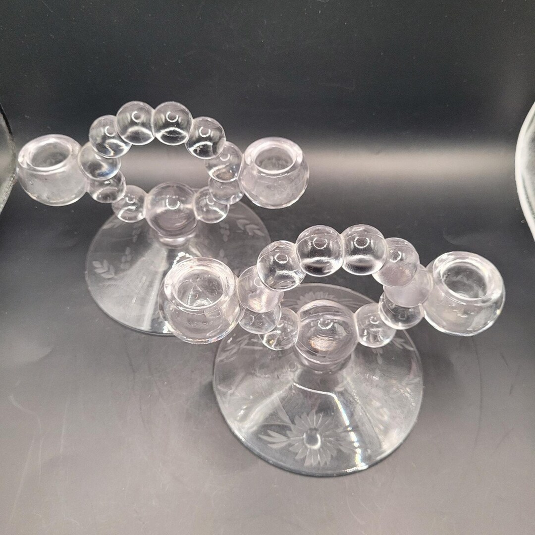 Vintage Imperial Bubble Glass Candlewick Candle Holder Set Floral ...