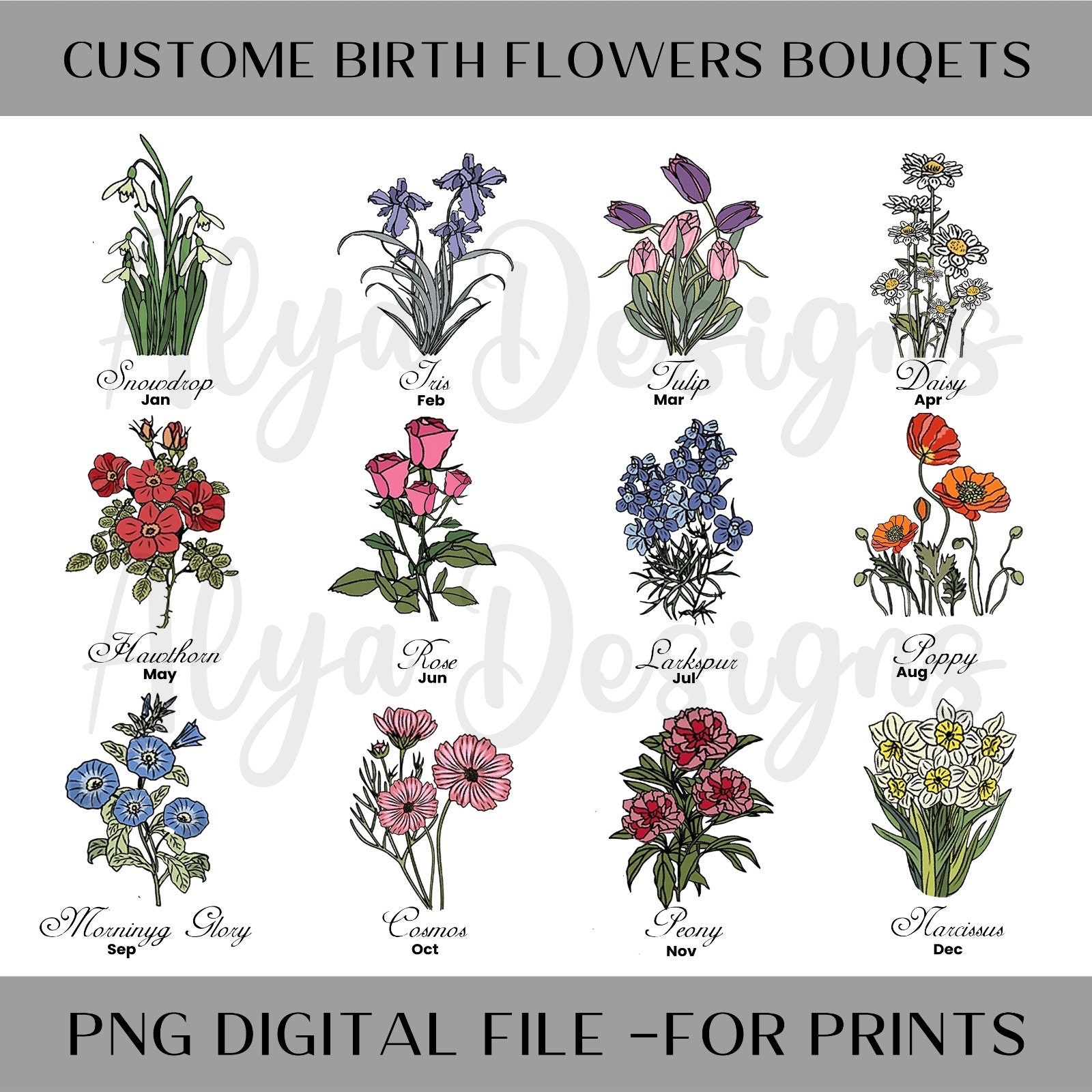 Svg Birth Flowers Bouquet Birth Month Flowers Custom Birthmonth Floral ...