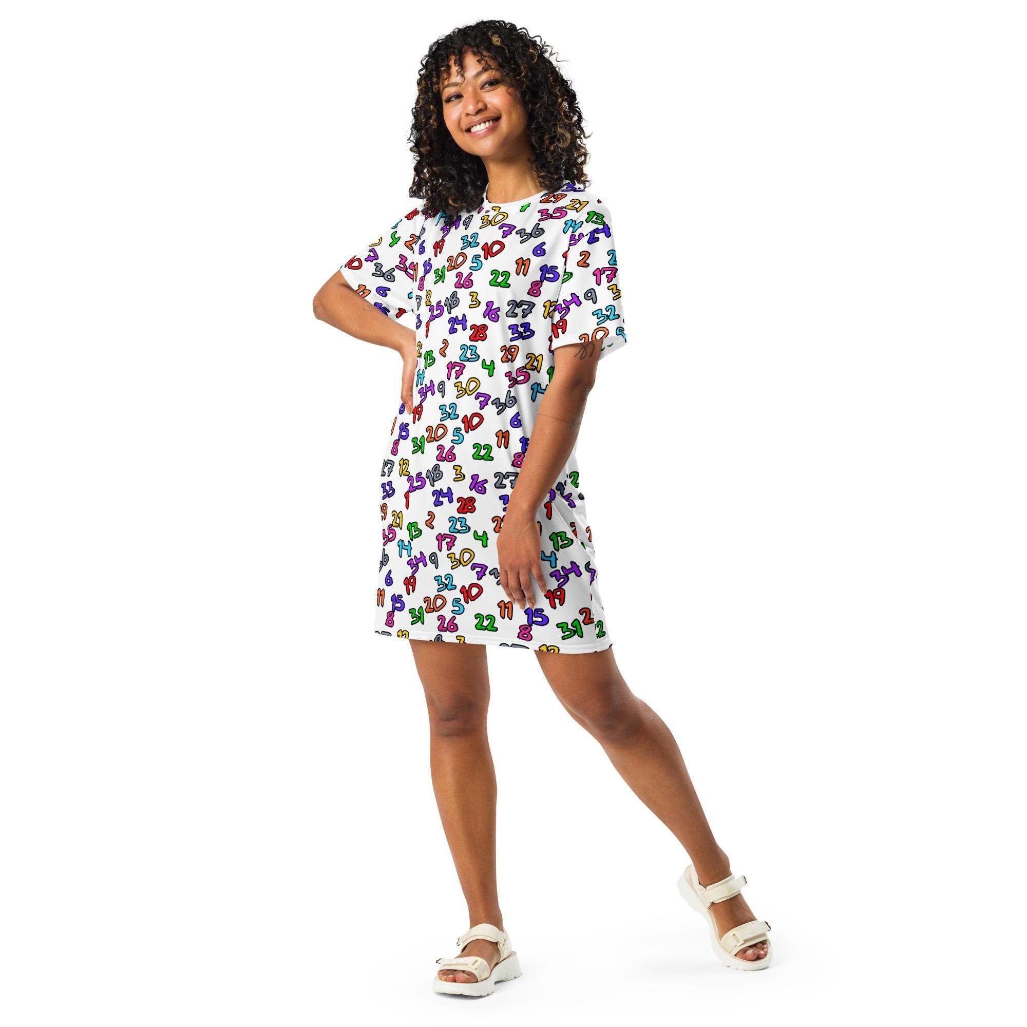 Numbers 1 36 Multi-color Numbers Pattern on White T-shirt Dress up to ...