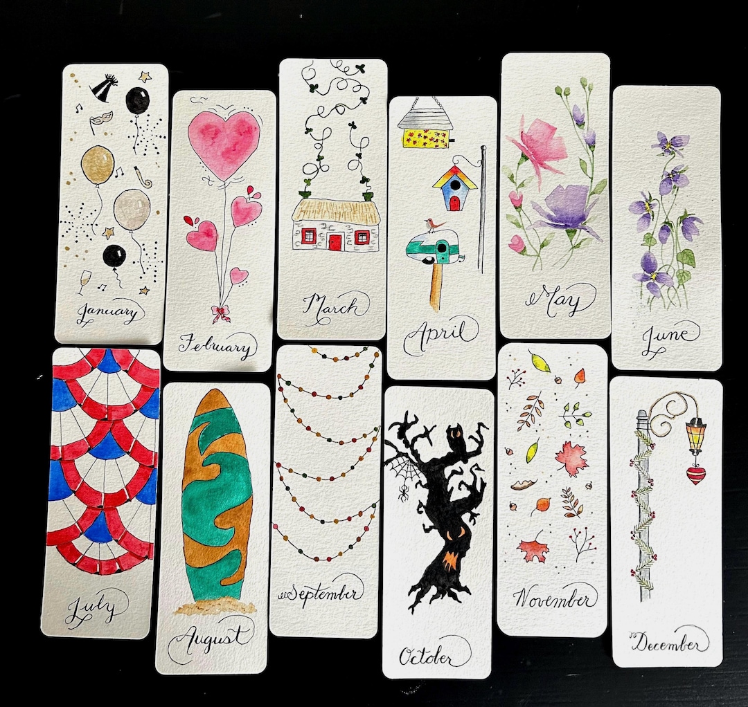 Bookmark Calendar: 12 Unique and Vibrant Hand Painted Watercolor ...
