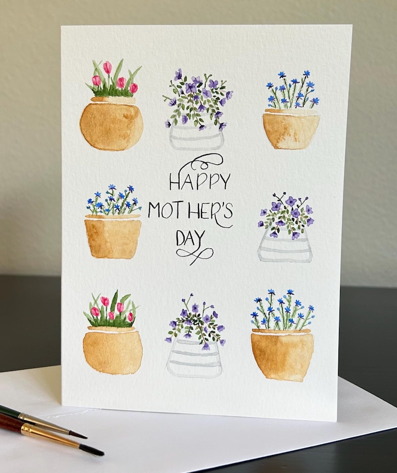 Hand-painted Watercolor Mother’s Day Card – Potted Flowers in Pink ...