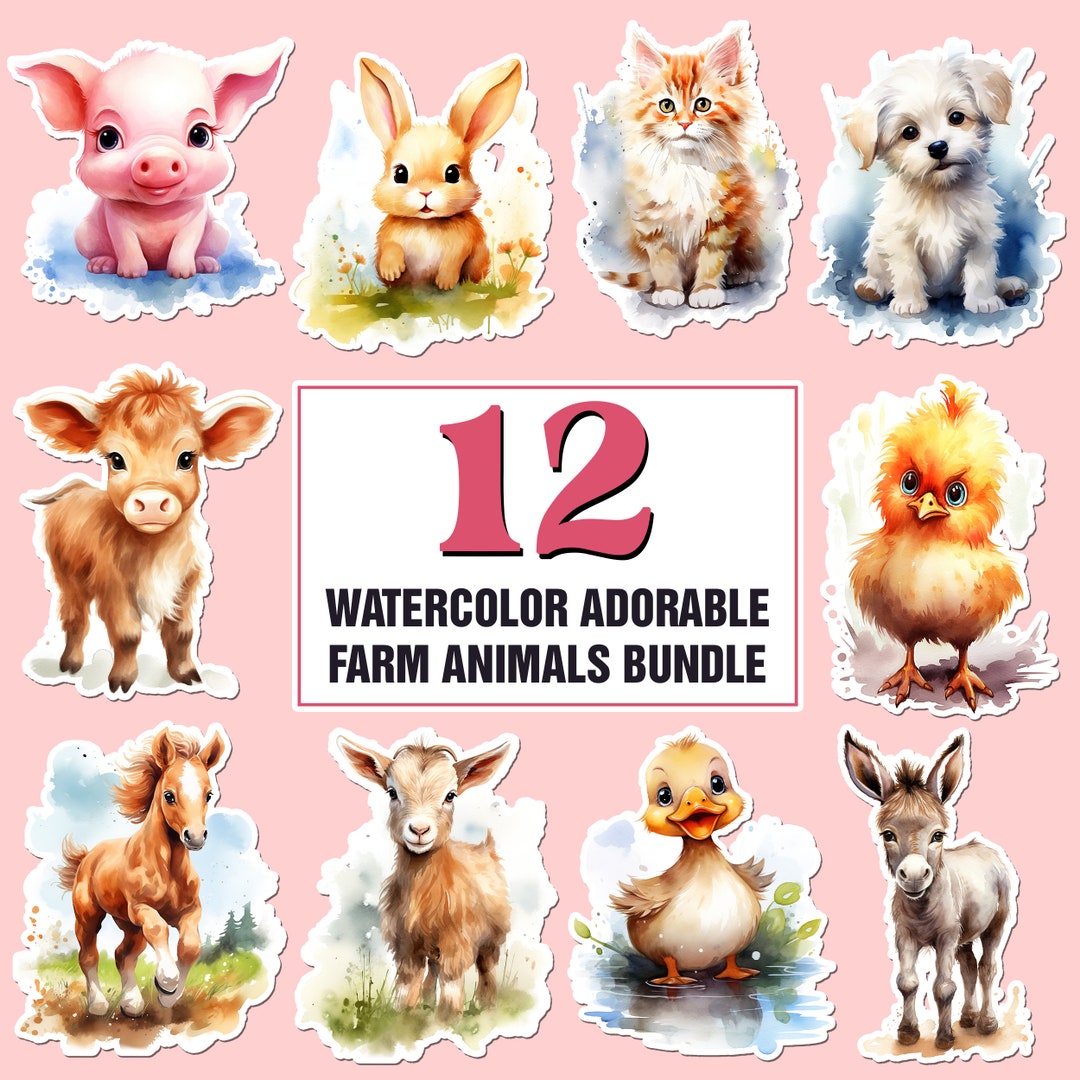 12 Watercolor Adorable Farm Animals Art Cute Cubs Png - Etsy