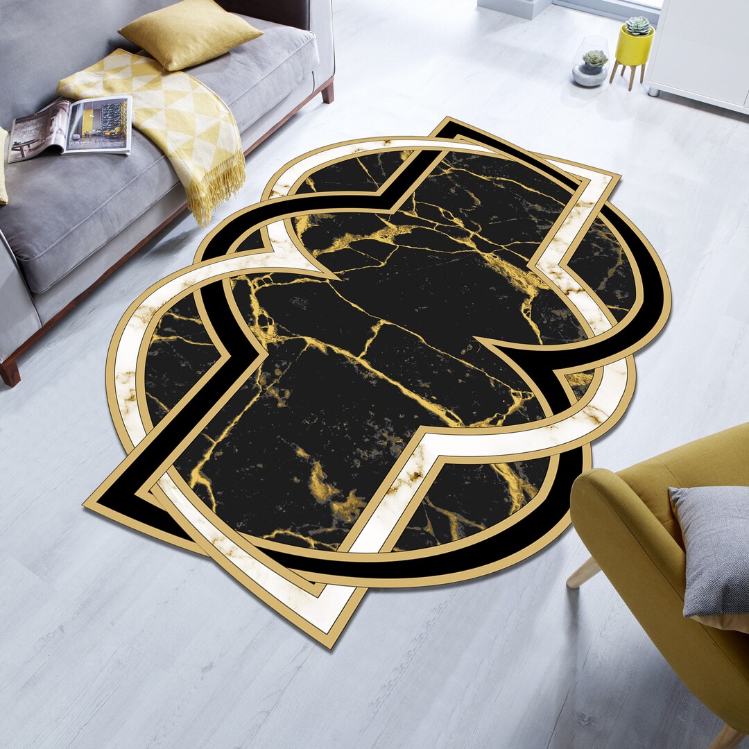 Gold Detailed Rug,aesthetic Rug, Marble Pattern Rug,black Rug,living ...