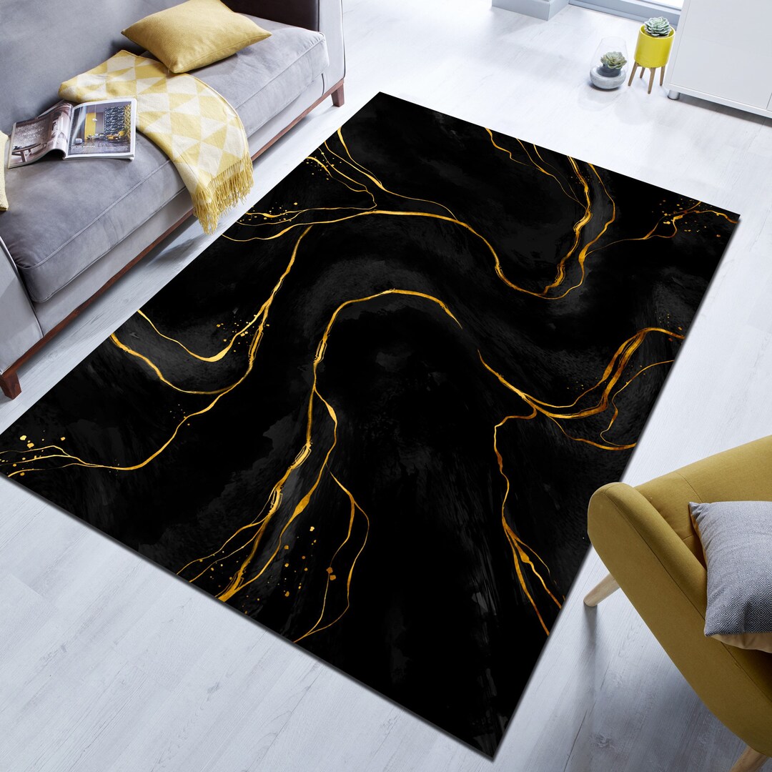 Black Pattern Rug,gold Detailed Rug,black Rug,living Room Rug,modern ...