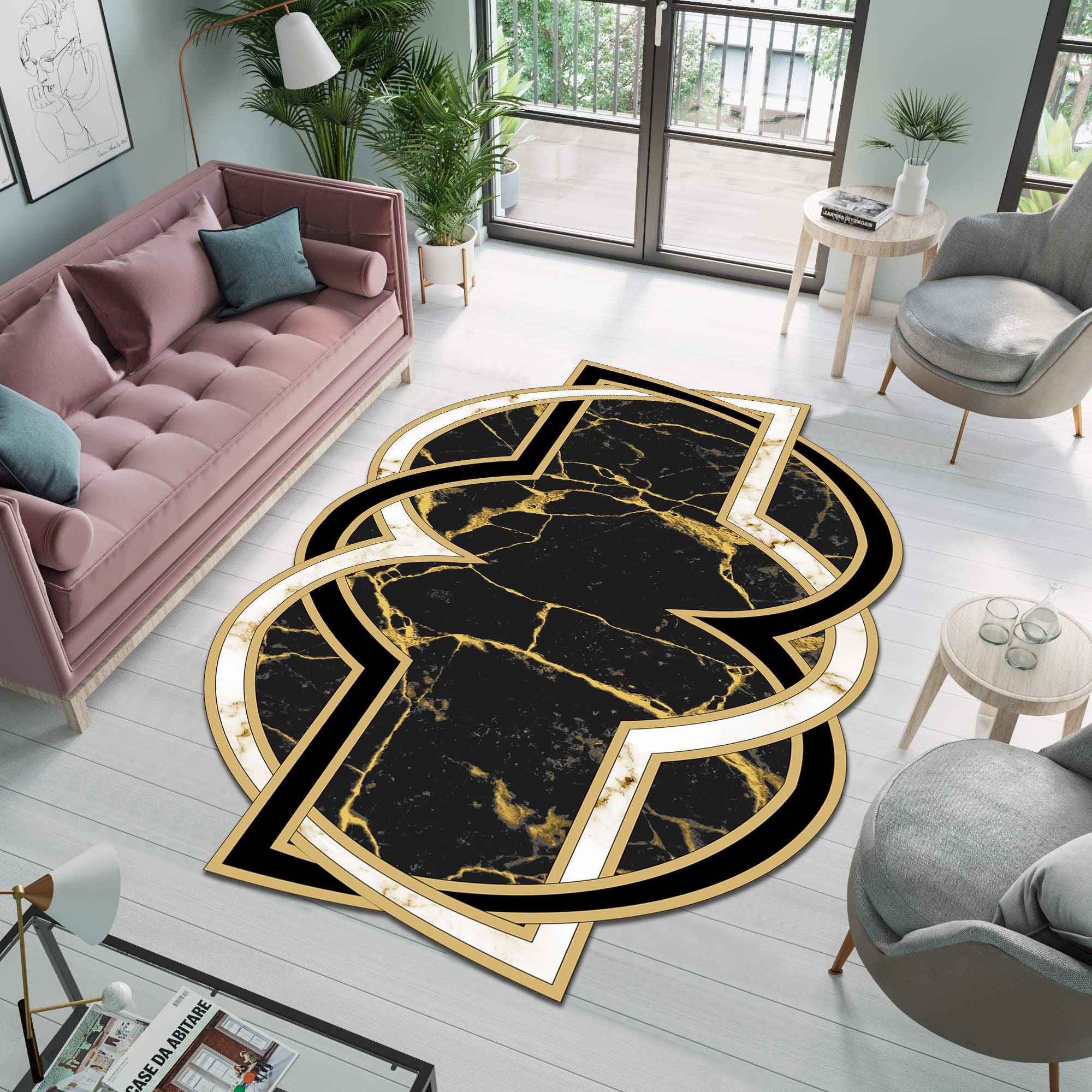 Gold Detailed Rug,aesthetic Rug, Marble Pattern Rug,black Rug,living ...