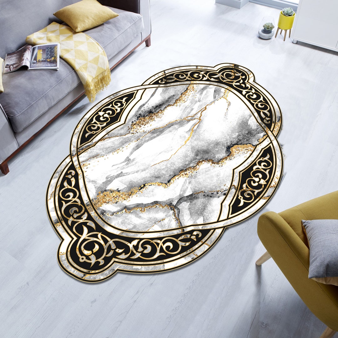 Gold Detailed Rug,aesthetic Rug, Marble Pattern Rug,white Rug,living ...