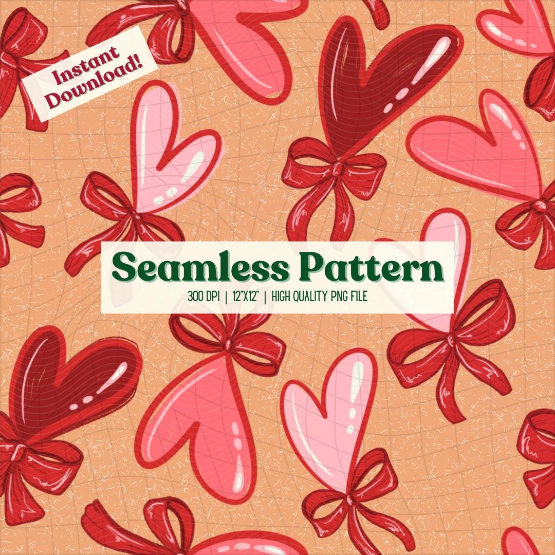 Ribbon Hearts Seamless Repeating Pattern 300 DPI PNG Instant Digital ...