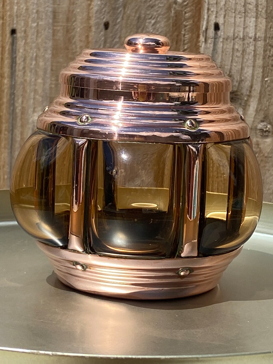 Antique Arts and Crafts Copper and Pale Amber Blown Glass Tobacco Jar ...