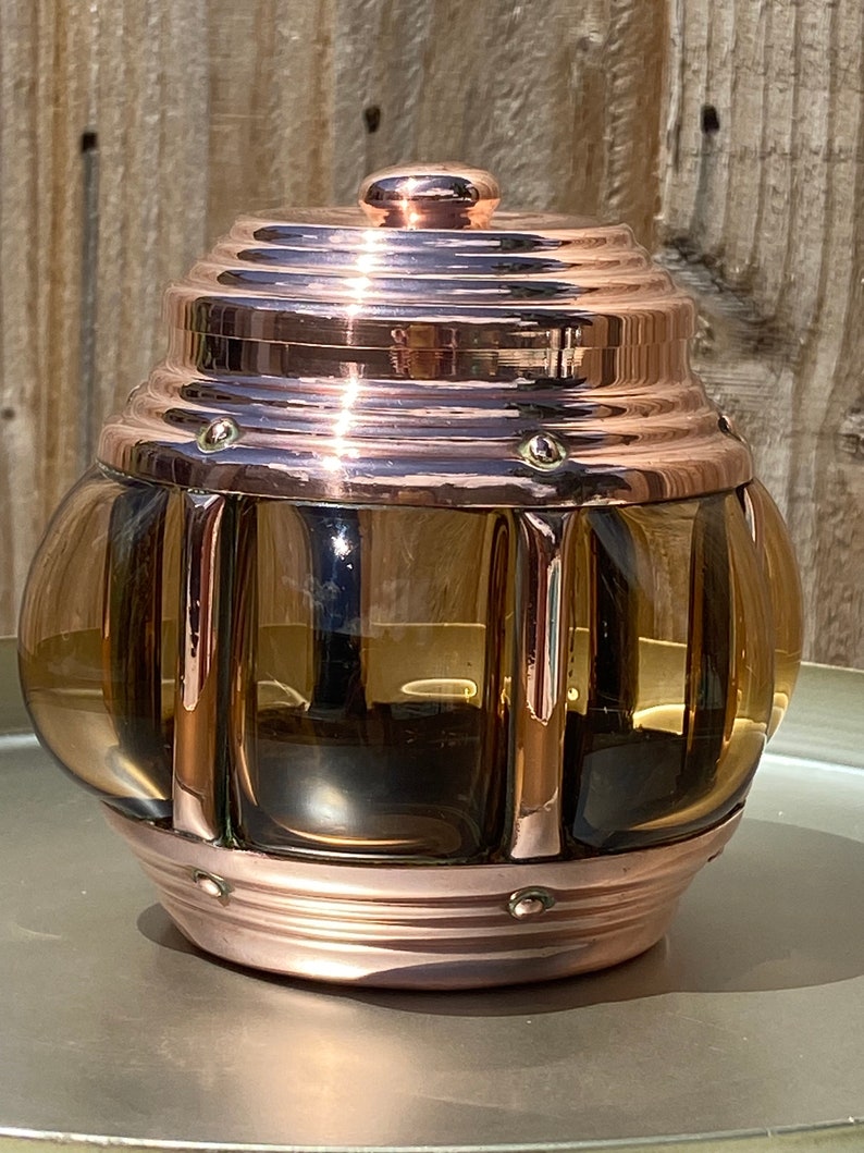 Antique Arts and Crafts Copper and Pale Amber Blown Glass Tobacco Jar ...