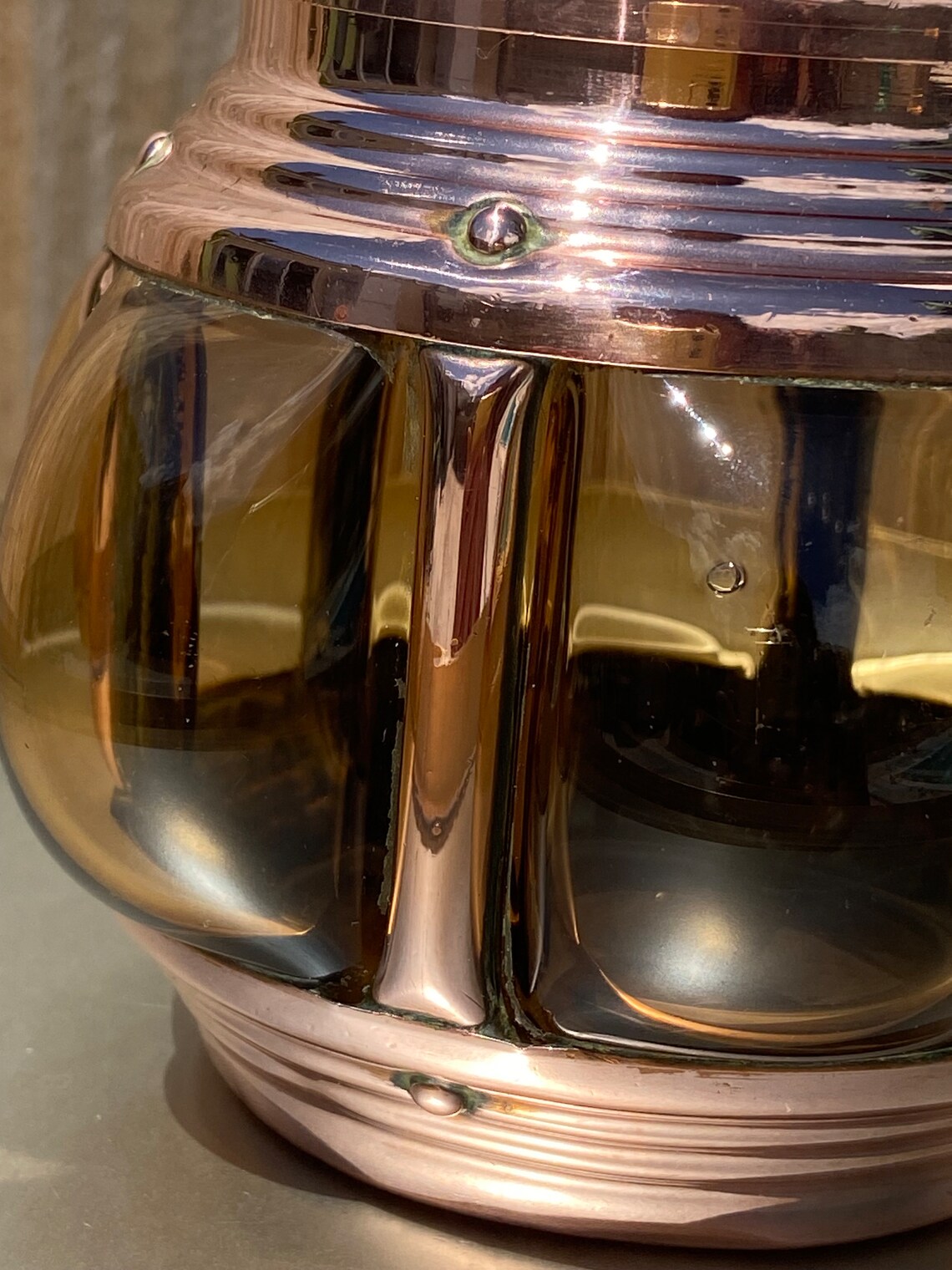 Antique Arts and Crafts Copper and Pale Amber Blown Glass Tobacco Jar ...