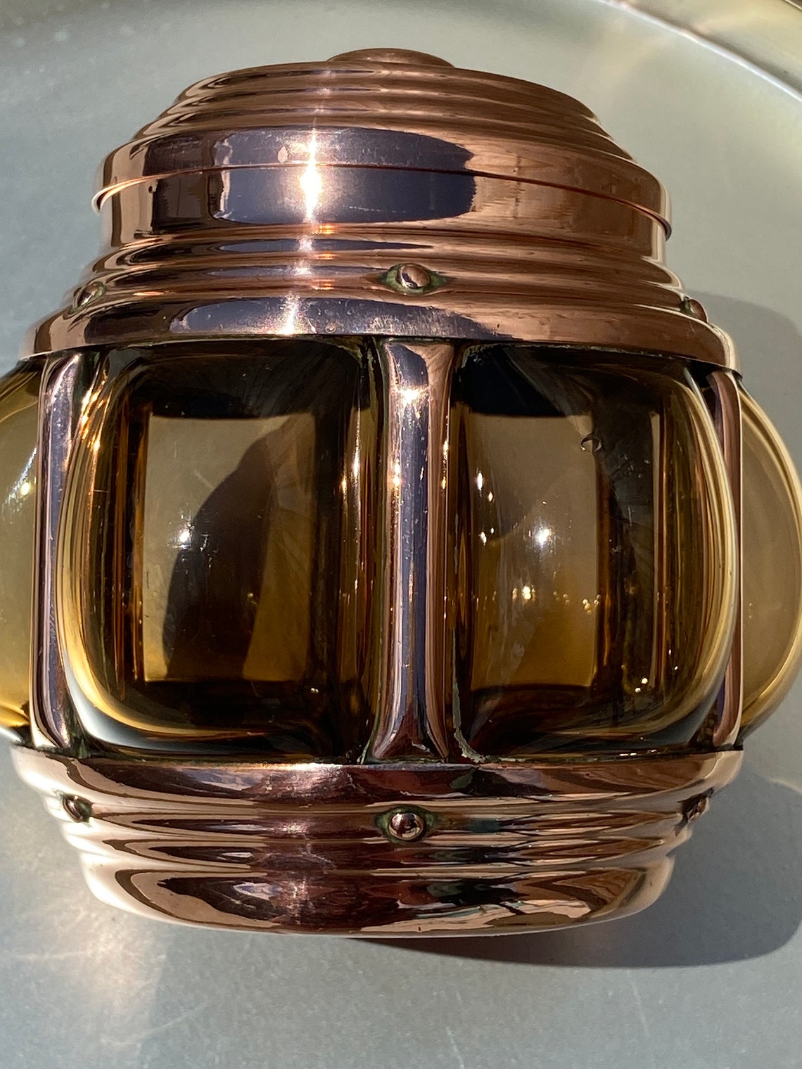 Antique Arts and Crafts Copper and Pale Amber Blown Glass Tobacco Jar ...