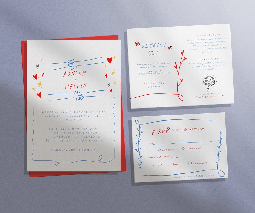 Whimsical Wedding Invitation Template Set, Hand Drawn & Handwritten ...
