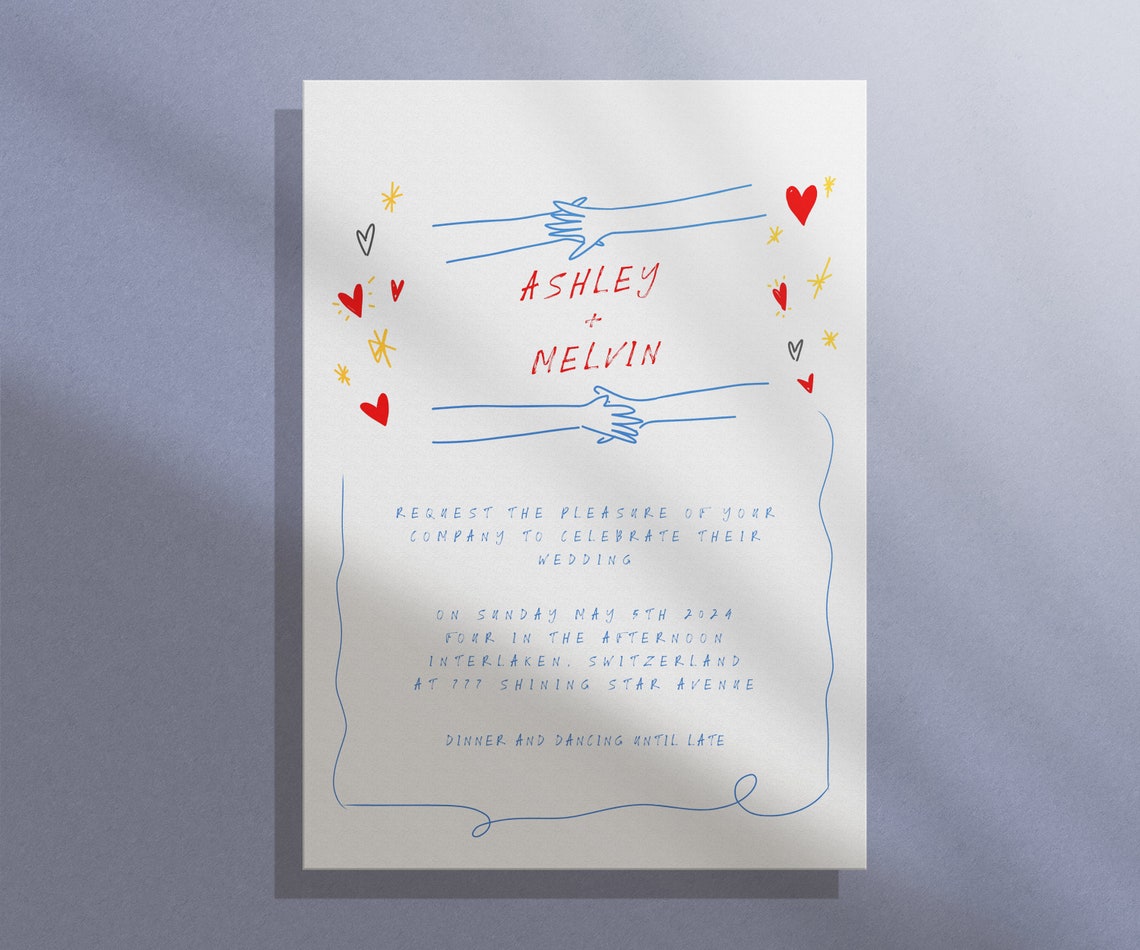 Whimsical Wedding Invitation Template Set, Hand Drawn & Handwritten ...