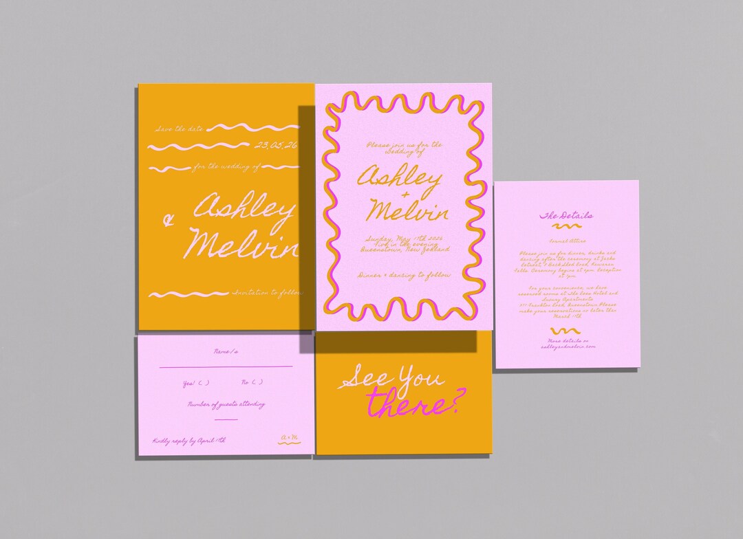 Wavy Wedding Invitation Suite, Handwritten Wedding Invite, Bright ...