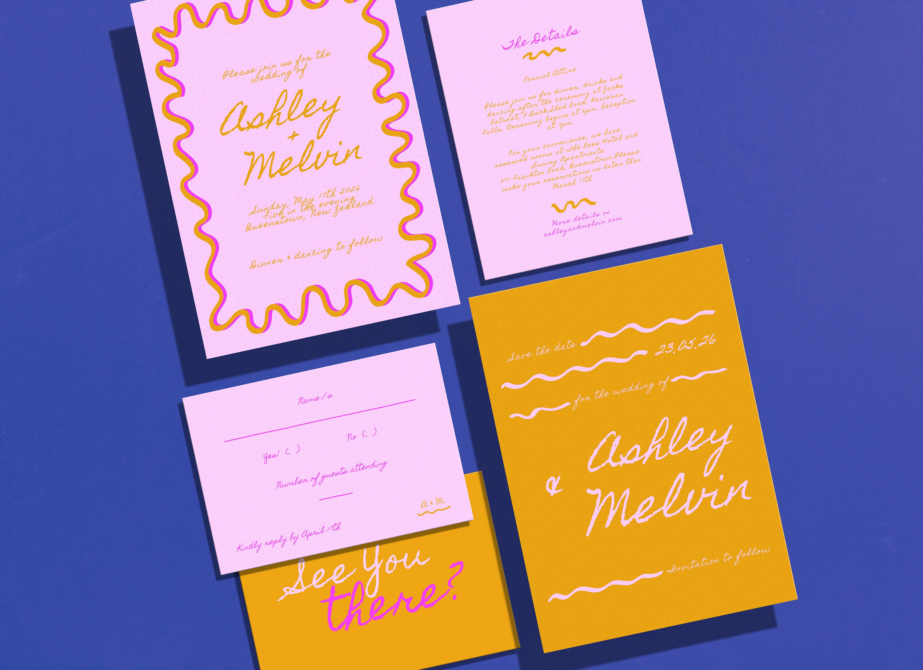 Wavy Wedding Invitation Suite, Handwritten Wedding Invite, Bright ...