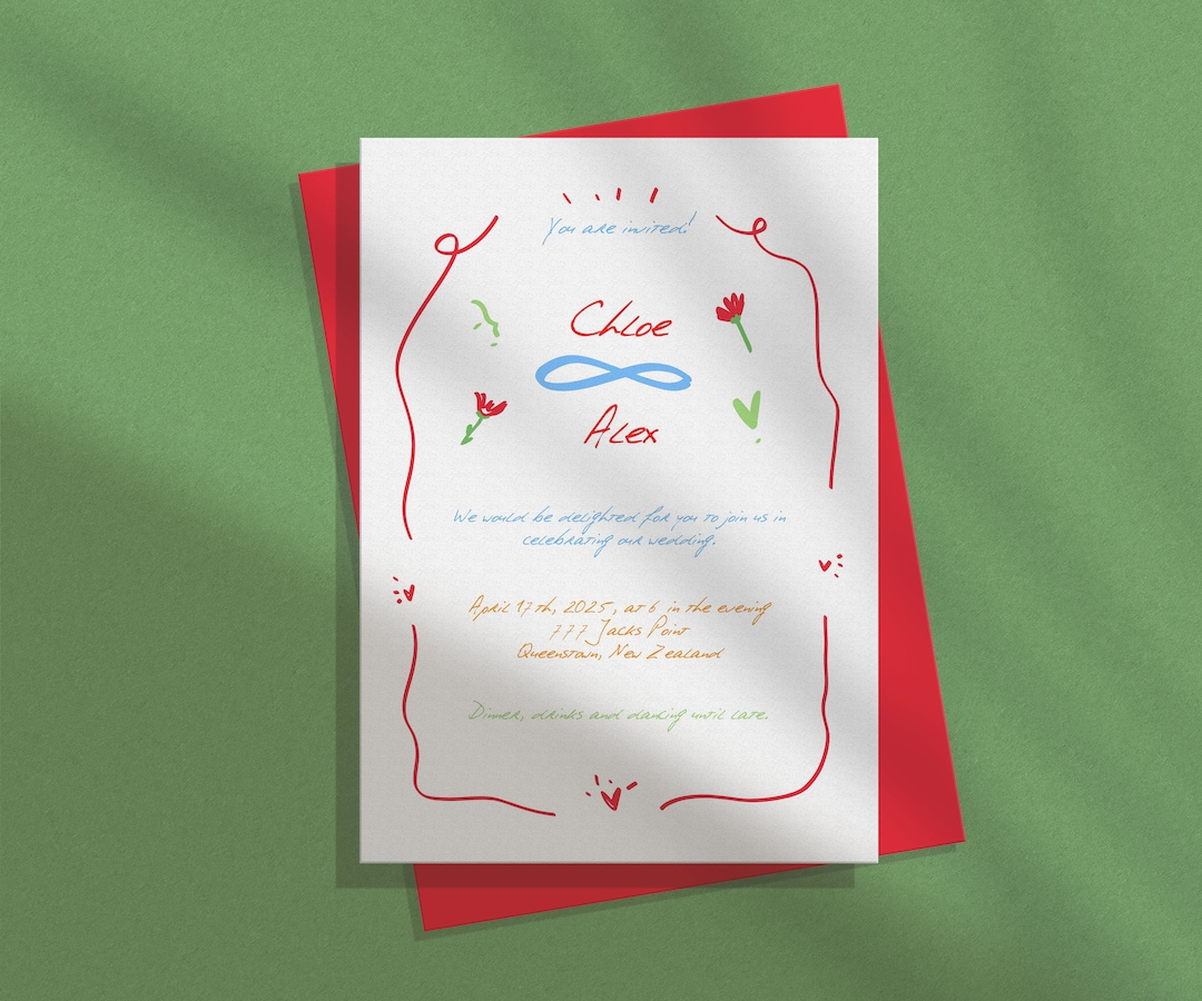 Whimsical Wedding Invitation Template, Handwritten & Hand Drawn Invite ...