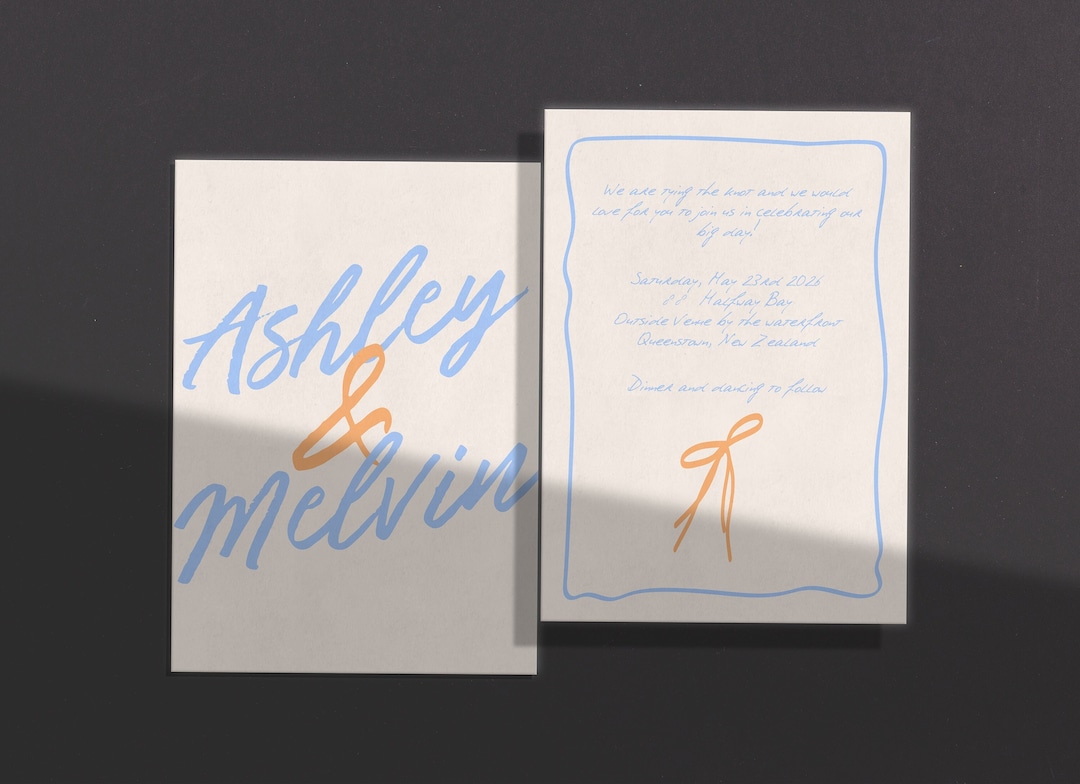 Handwritten Wedding Invitation Template , Blue and Orange Simple Invite ...