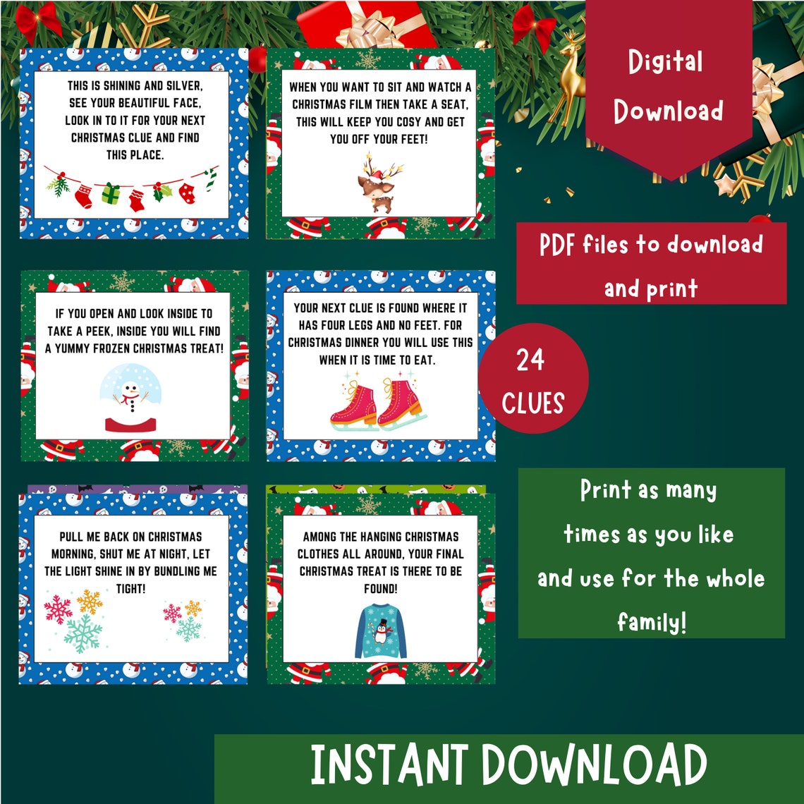 Christmas Indoor Treasure Hunt, Printable Kids Scavenger Quest, 24 ...