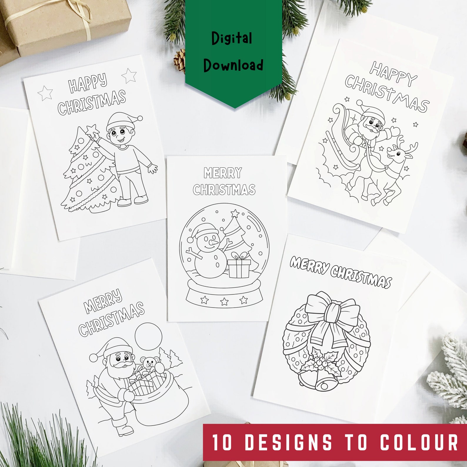 Printable Christmas Colouring Cards Fun Family Activity Pack of 10 ...