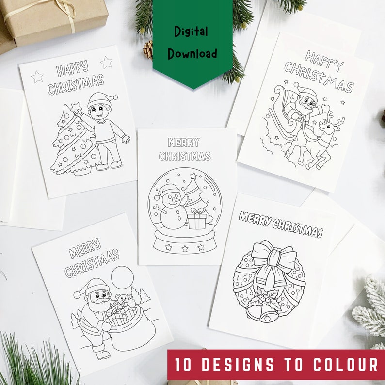 Printable Christmas Colouring Cards Fun Family Activity Pack of 10 ...