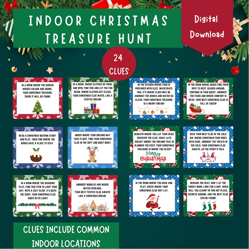 Christmas Indoor Treasure Hunt, Printable Kids Scavenger Quest, 24 ...