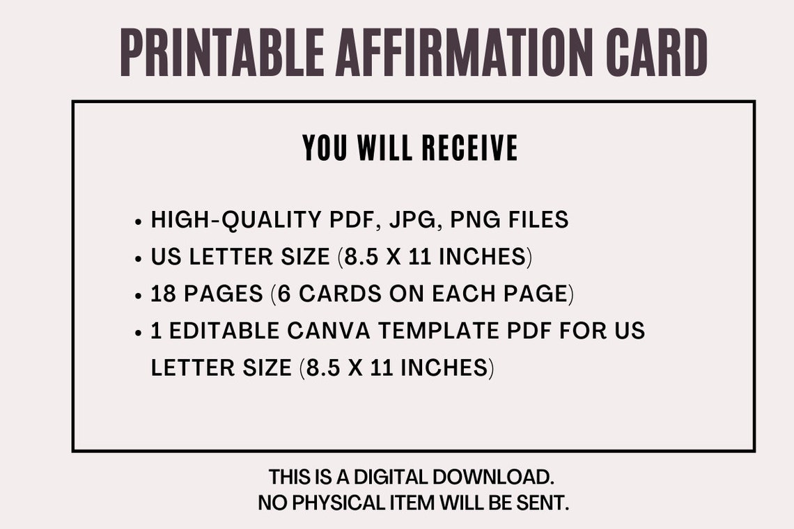100 Positive Affirmation Cards Printable, Editable Canva Template ...