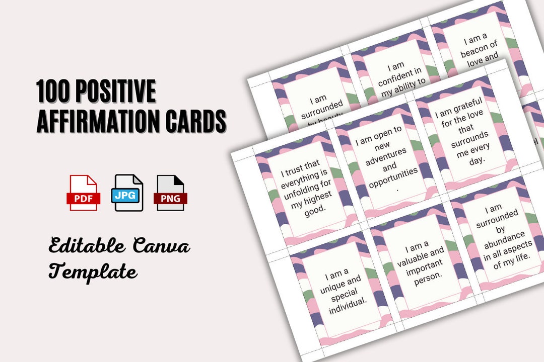 100 Positive Affirmation Cards Printable, Editable Canva Template ...