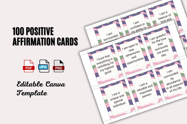100 Positive Affirmation Cards Printable, Editable Canva Template ...