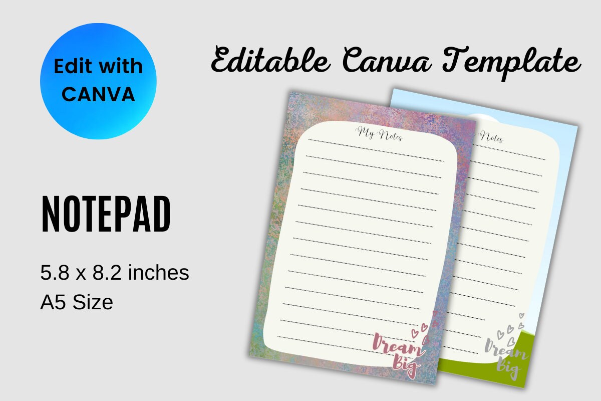 Note Pad Template, Journal A5 Paper Lined, Planner Canva Template ...