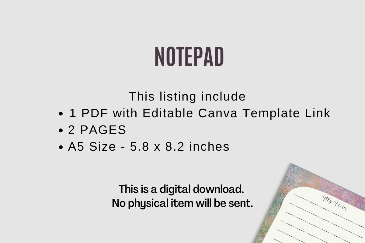 Note Pad Template, Journal A5 Paper Lined, Planner Canva Template ...