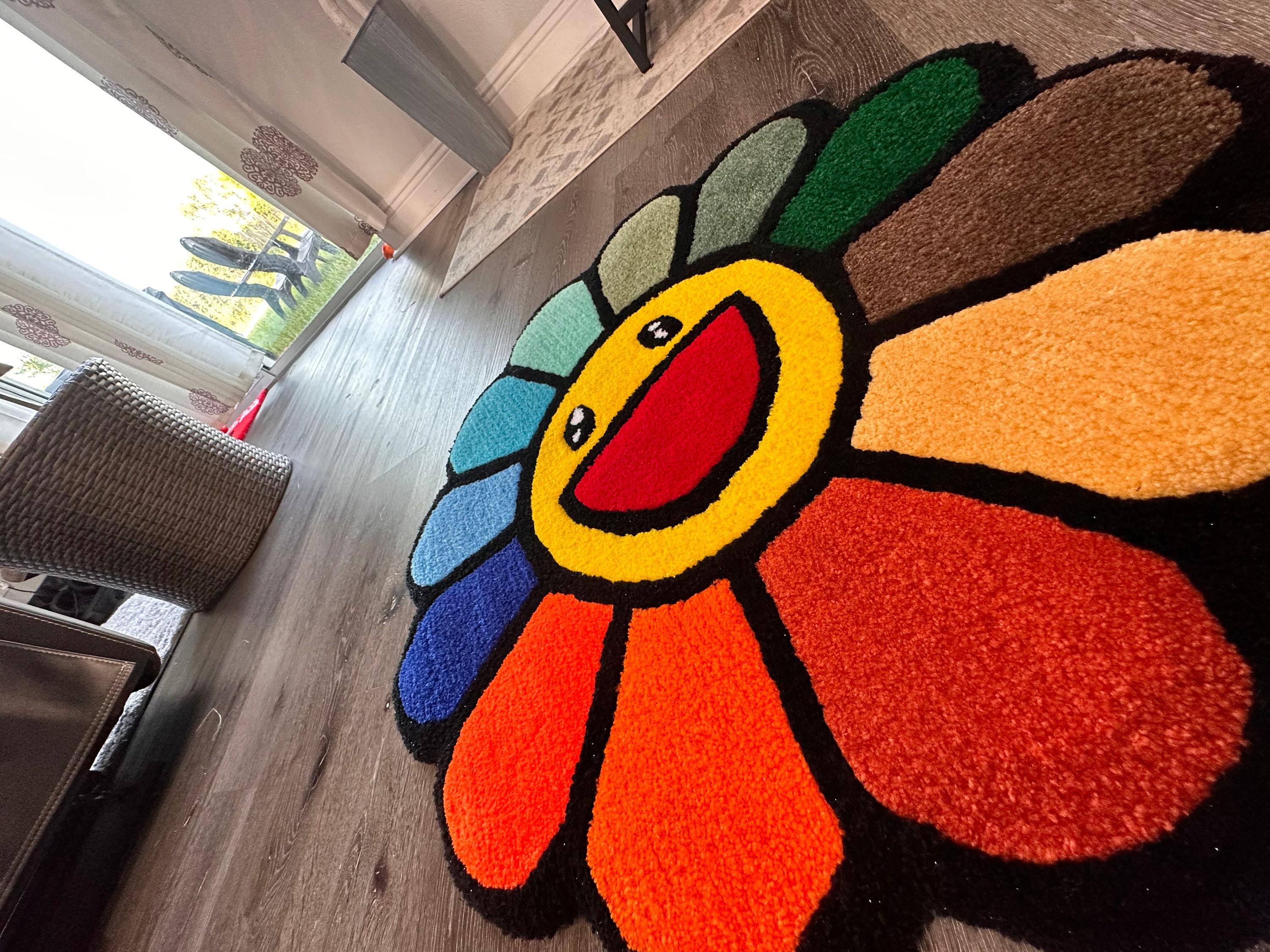 Takashi Murakami Inspired Flower Rug - Handmade Multicolor Acrylic Area ...