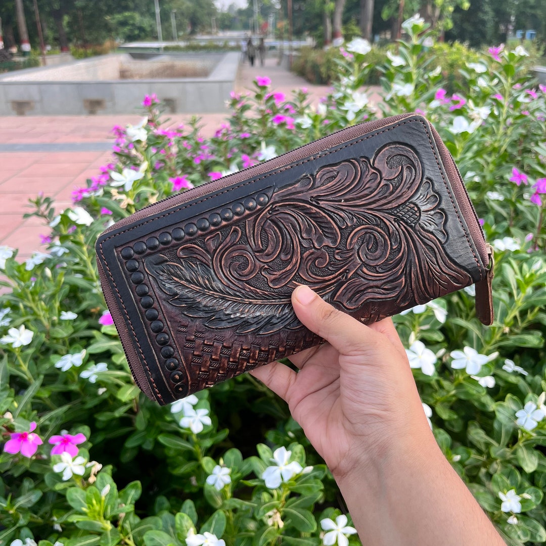 Tooled Carved Genuine Leather Wallets Handcrafted Western - Etsy