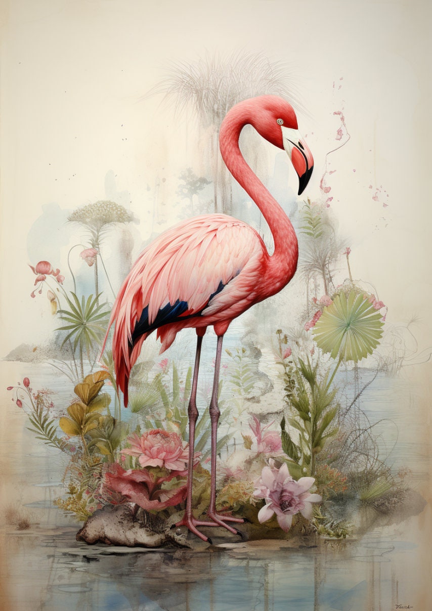Flamingo Art Digital File, Bird Illustrations, Tropical Wildlife ...