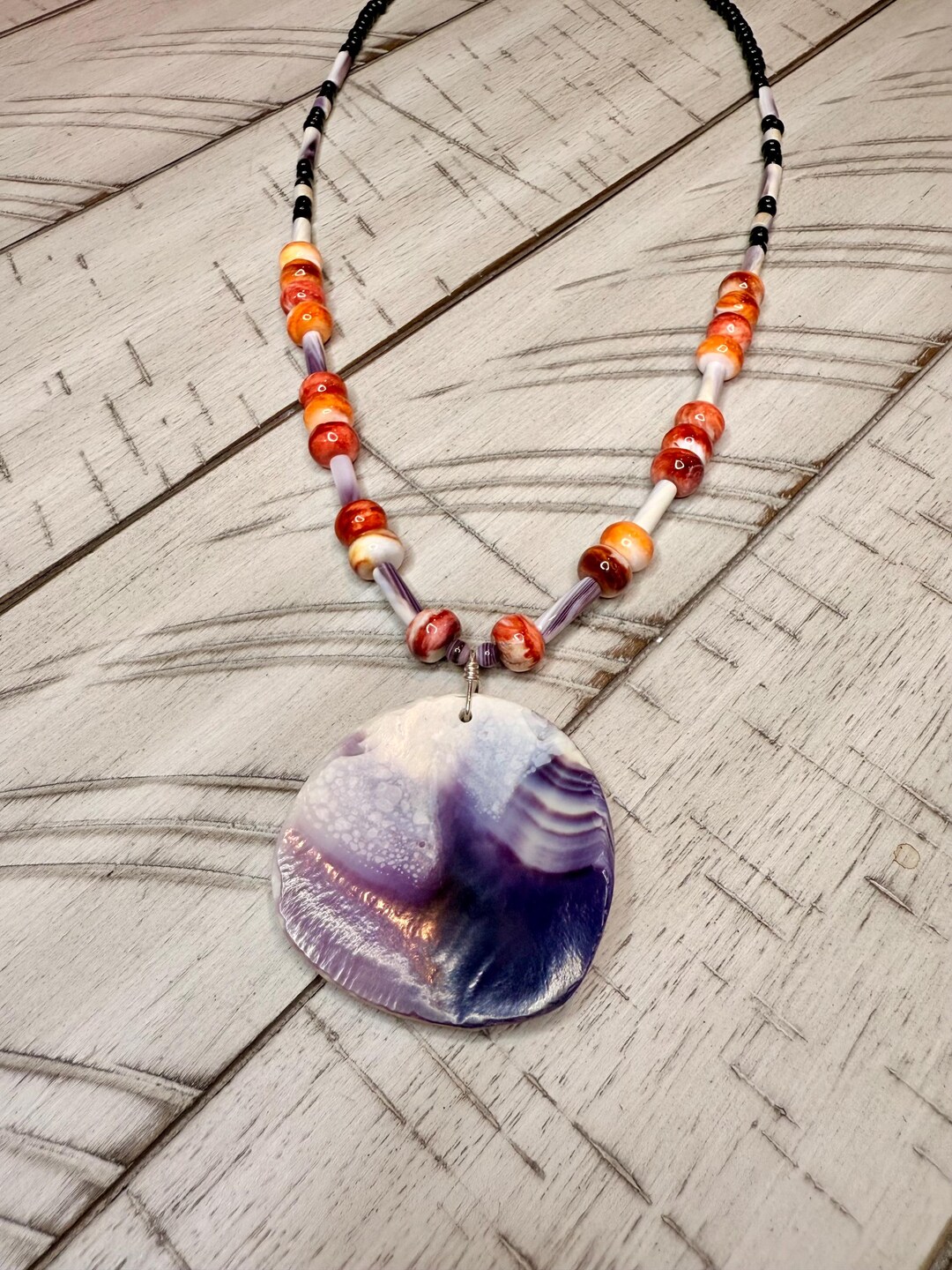 Wampum Pendant Necklace W/ Red Spiny Oyster & Black Glass Beads - Etsy