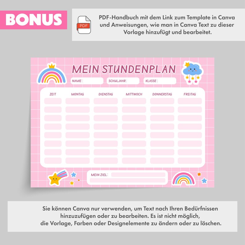 Stundenplan Für Kinder Mit Regenbogen. Mein Stundenplan. Einschulung ...
