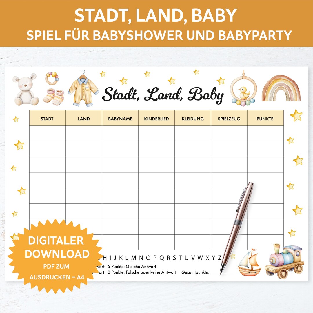 Baby Shower Game PDF Yum Printable. City, Country, Baby. Board Game ...