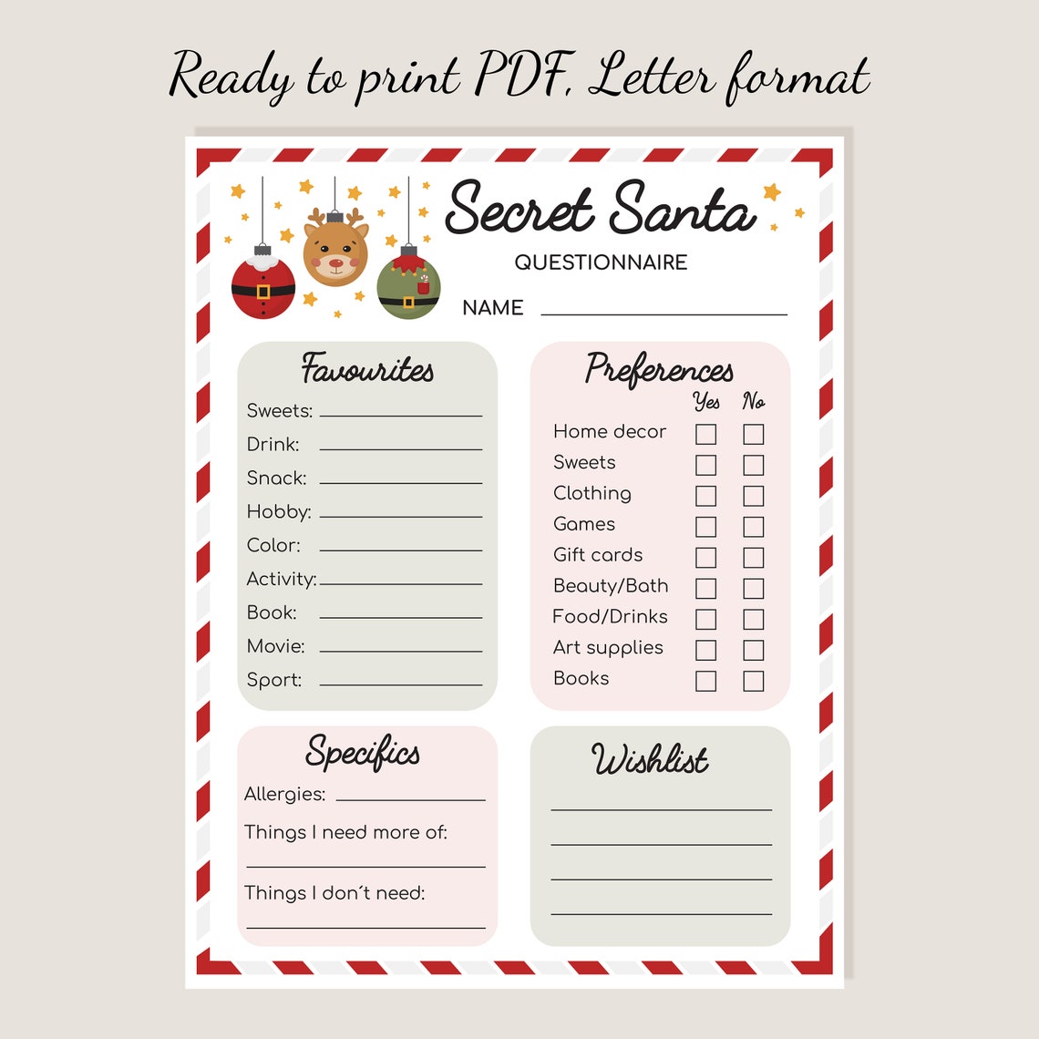 Secret Santa Questionnaire Printable. Secret Santa Survey. Secret Santa ...