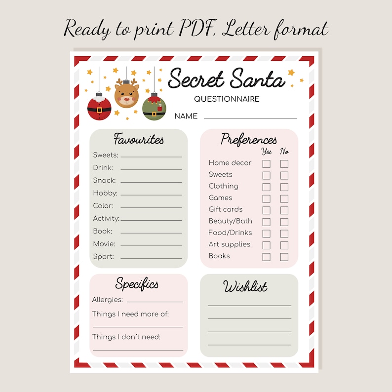 Secret Santa Questionnaire Printable. Secret Santa Survey. Secret Santa ...