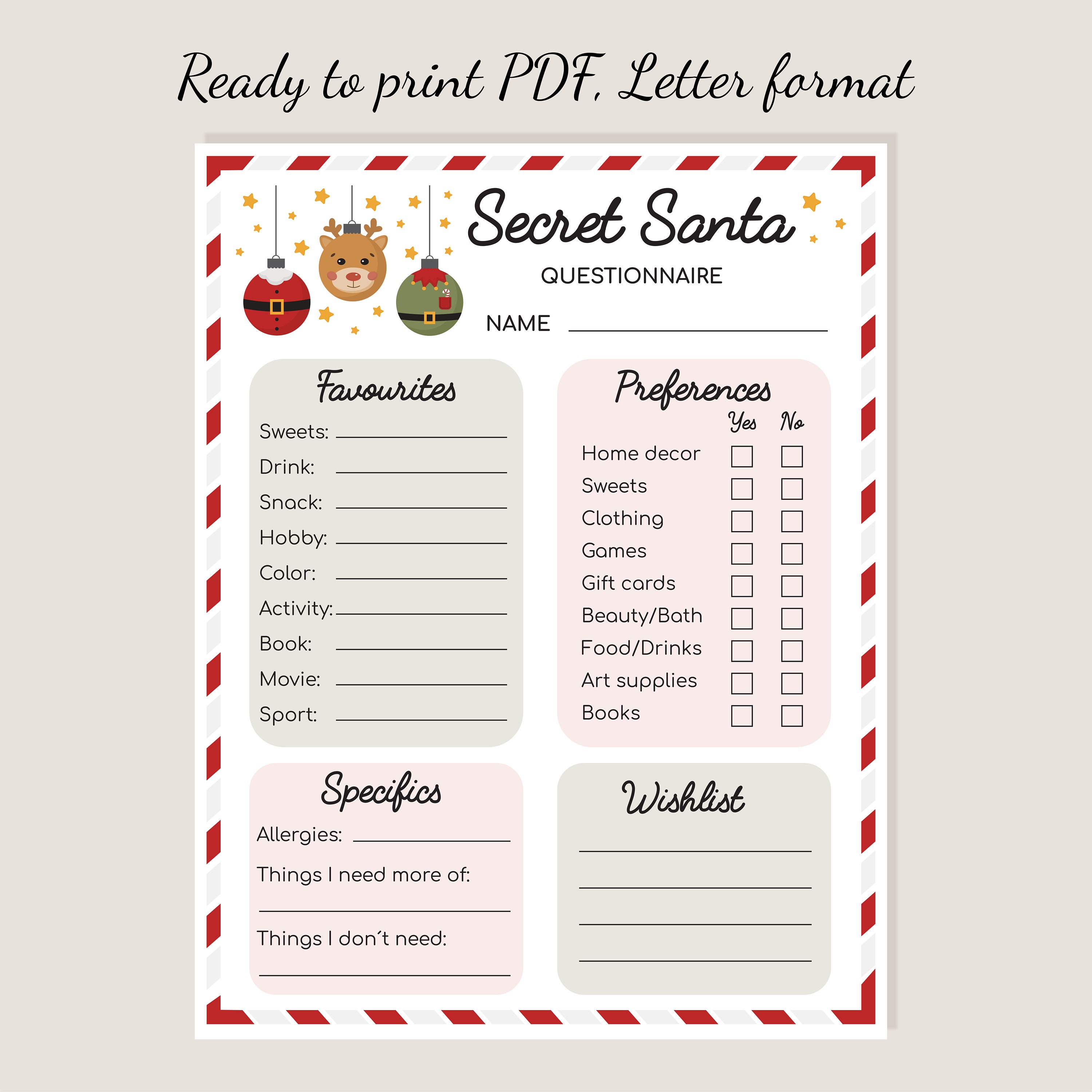 Secret Santa Questionnaire Printable. Secret Santa Survey. Secret Santa ...