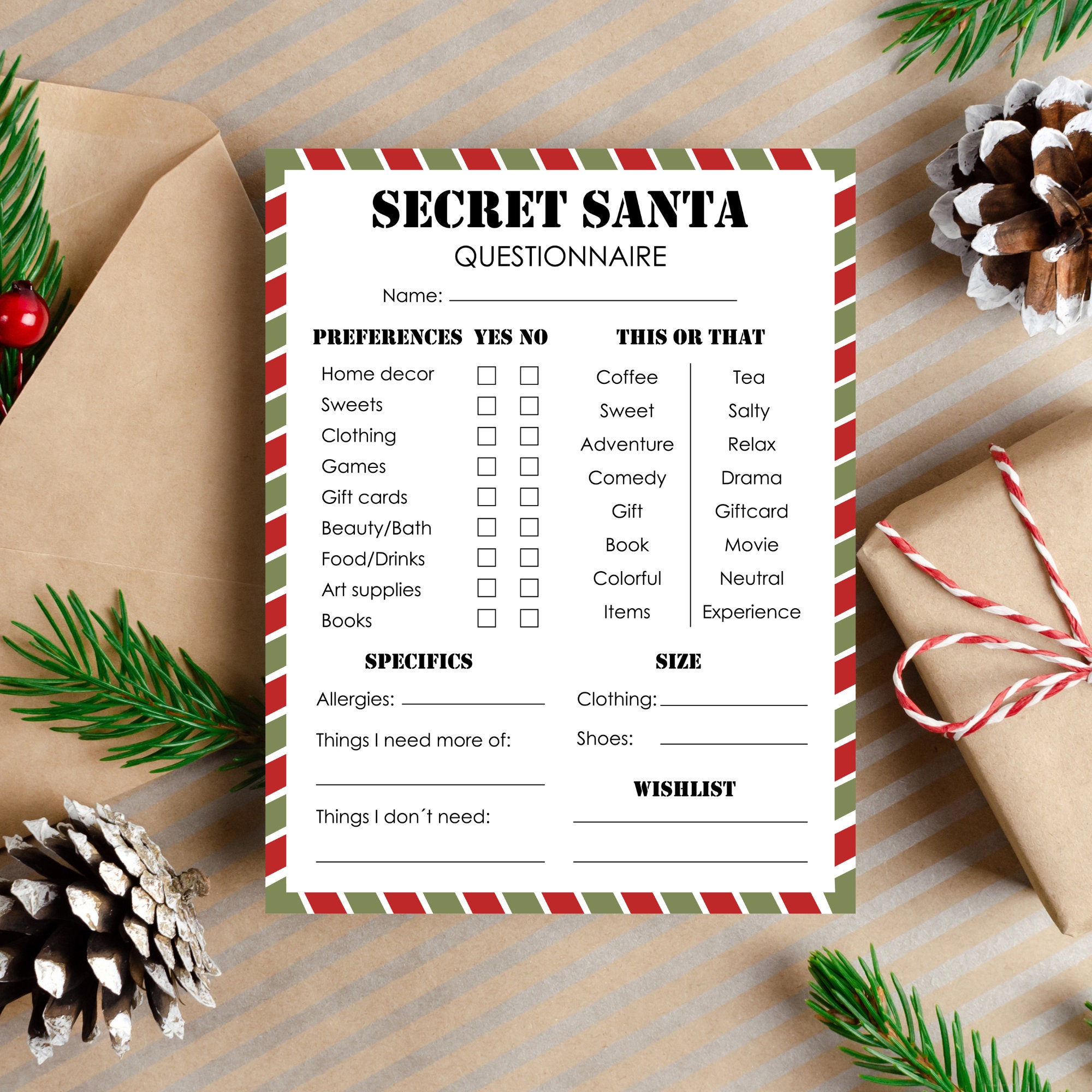Secret Santa Questionnaire. Workplace Gift Questionnaire. Secret Santa ...