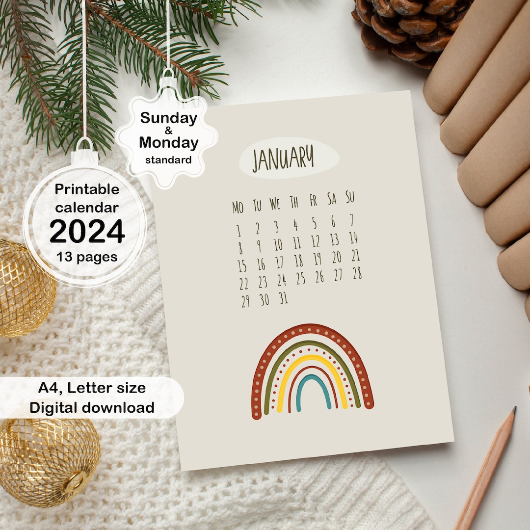 Monthly Printable Calendar 2024 for Kids. Cute Rainbow Mini 12 - Etsy UK