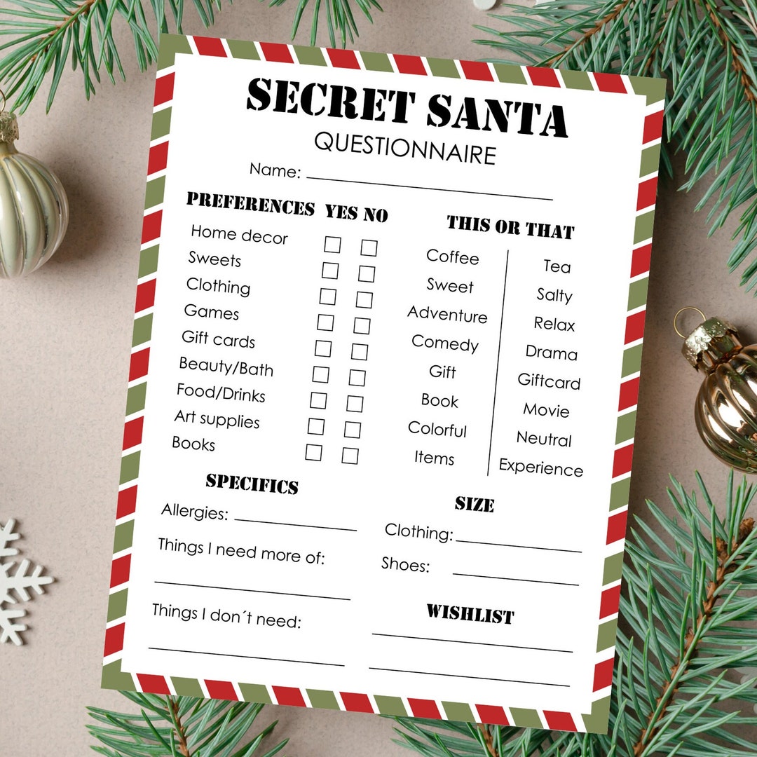 Secret Santa Questionnaire. Workplace Gift Questionnaire. Secret Santa ...