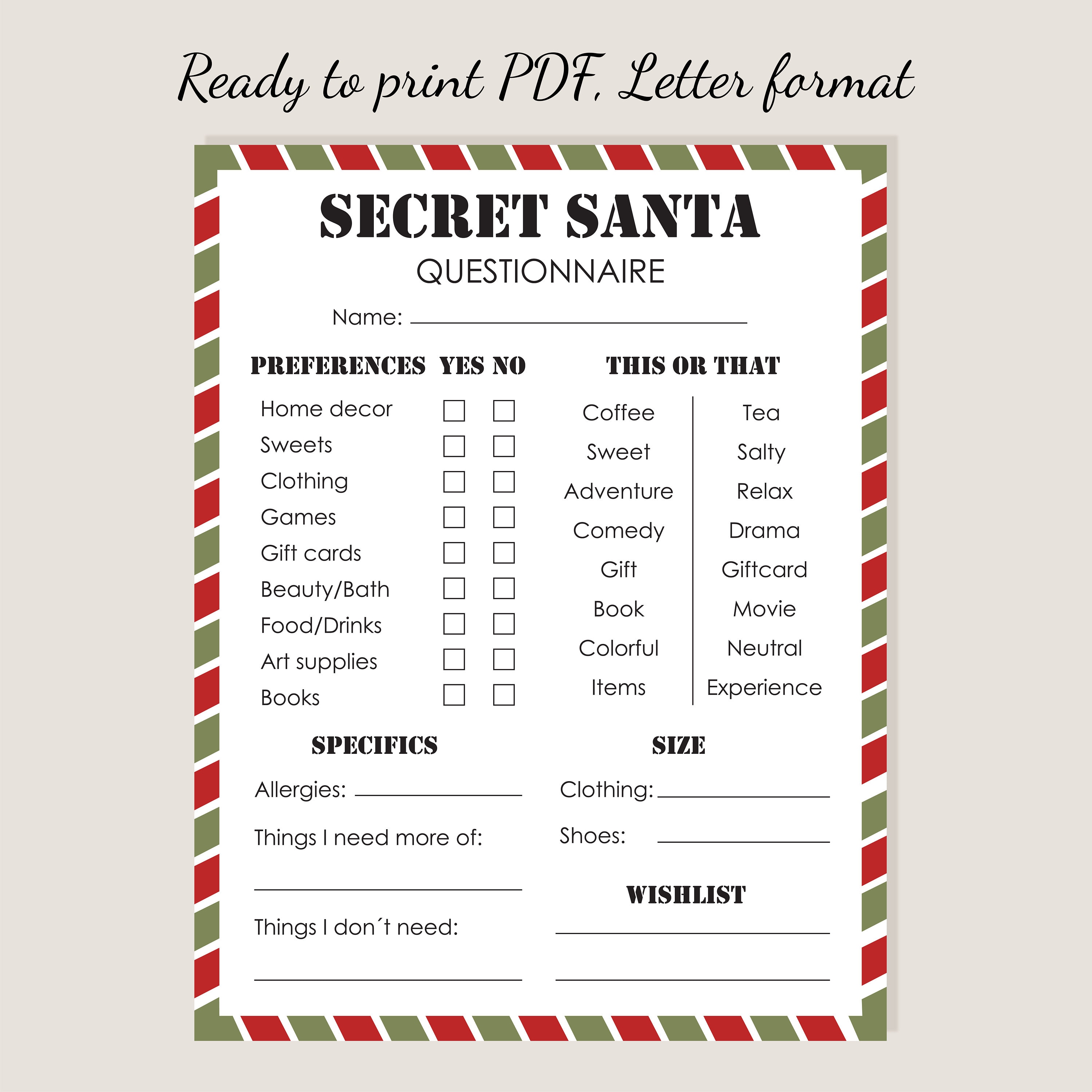 Secret Santa Questionnaire. Workplace Gift Questionnaire. Secret Santa ...
